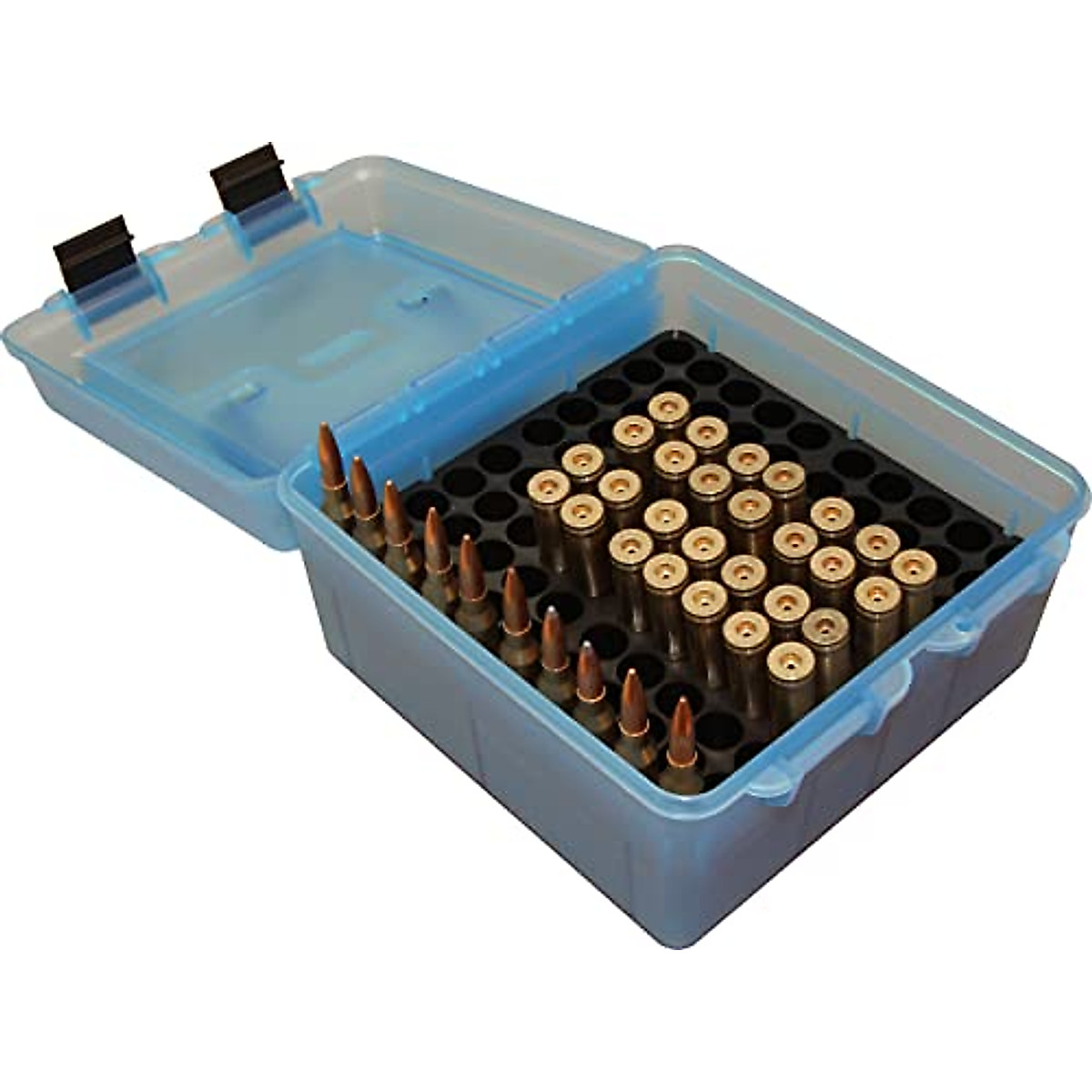 MTM R-100-MAG-24 Deluxe Ammo Box 100 Round Handle WSM WSSM Ultra Mag, USA Made, Clear Blue