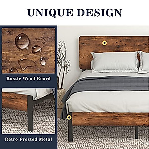 Allewie Full Size Platform Bed Frame with Wood headboard and Metal Slats/Rustic Country Style Mattress Foundation/Box Spring Optional/Strong Metal Slats Support/Easy Assembly