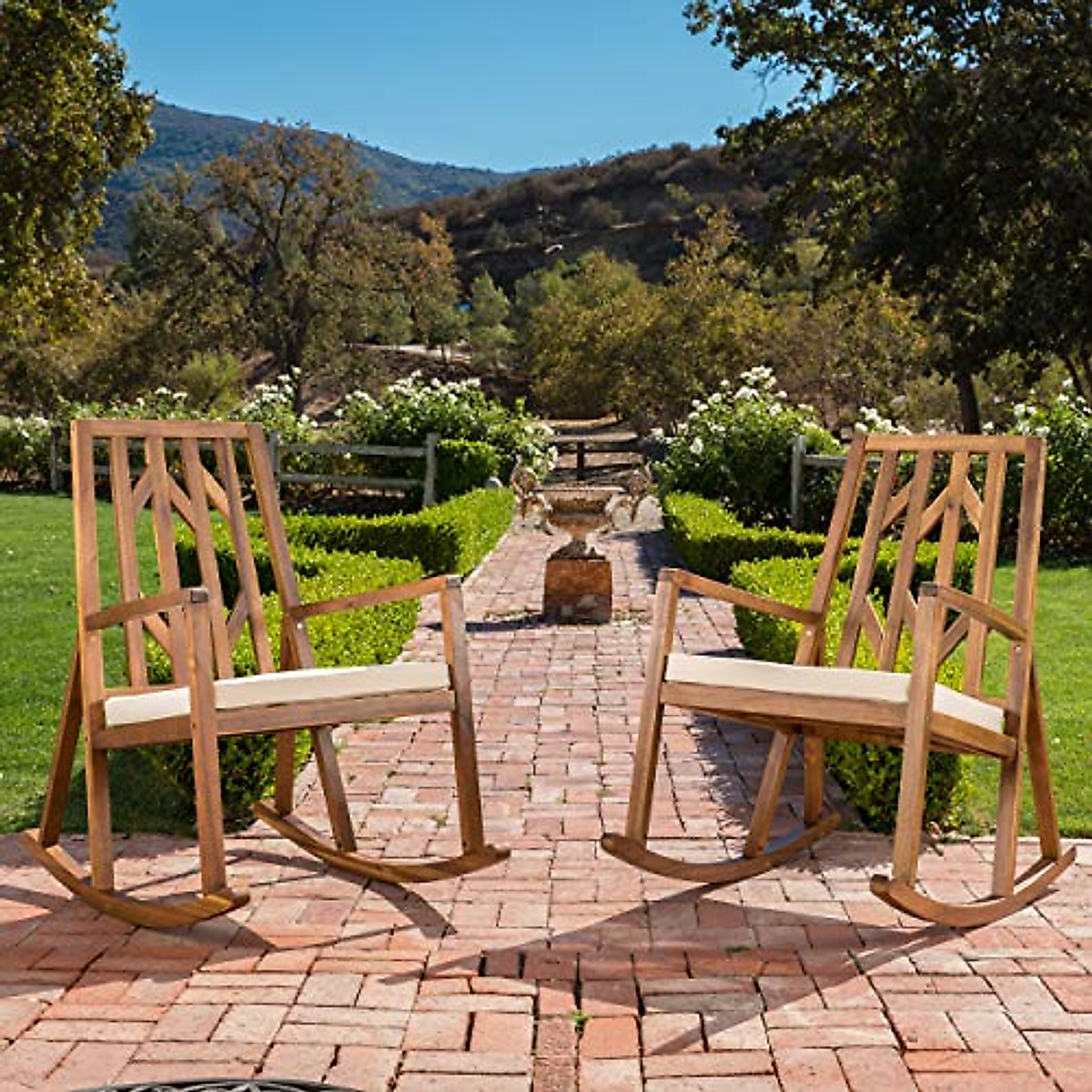 Christopher Knight Home Nuna Outdoor Wood Rocking Chairs with Cushions, 2-Pcs Set, Teak Finish
