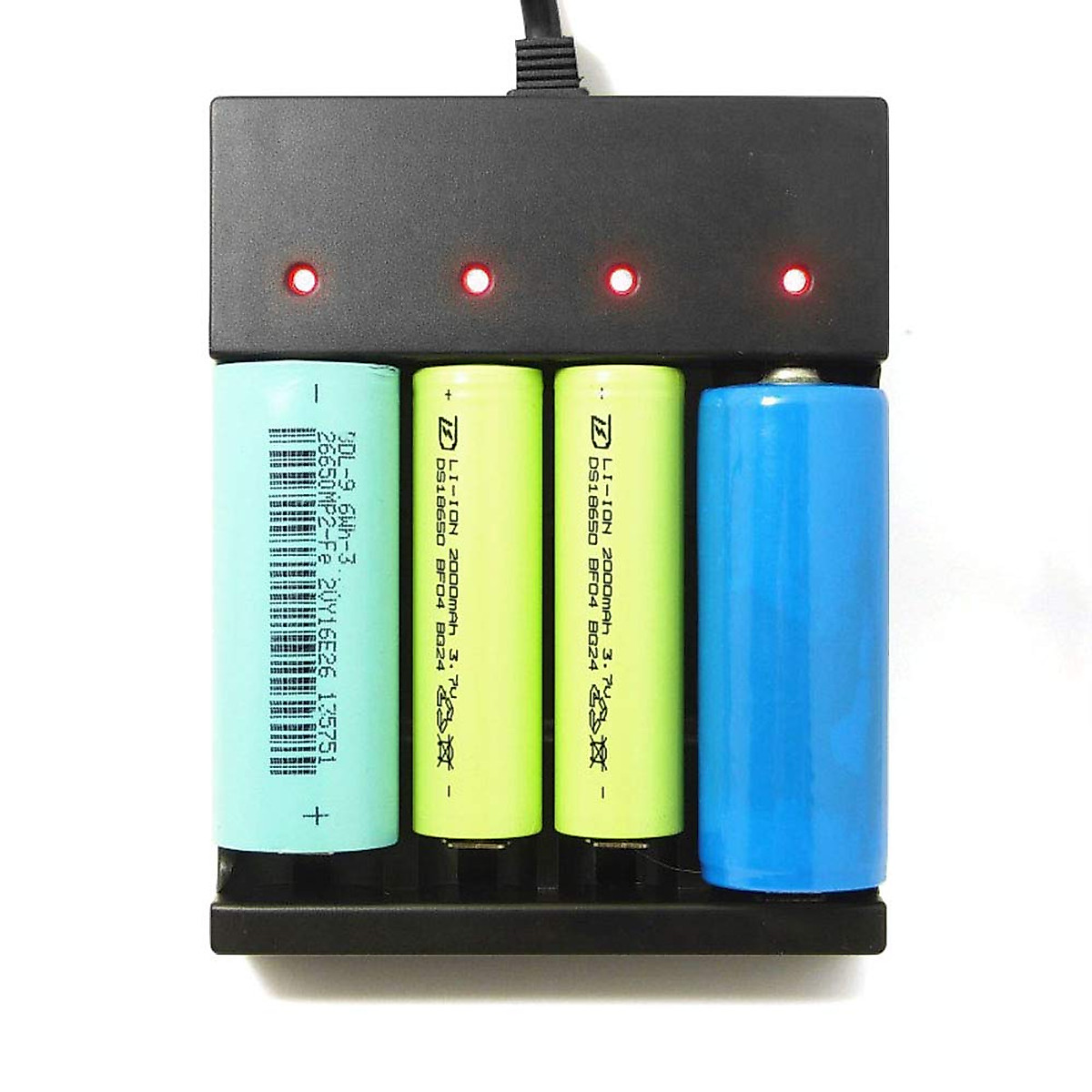 ZYAMY USB Smart Battery Charger 4-Slot 5V for Rechargeable Batteries 3.7V Li-ion 10440, 14500, 16340, 16650, 14650, 13350, 18500, 18650, 26650