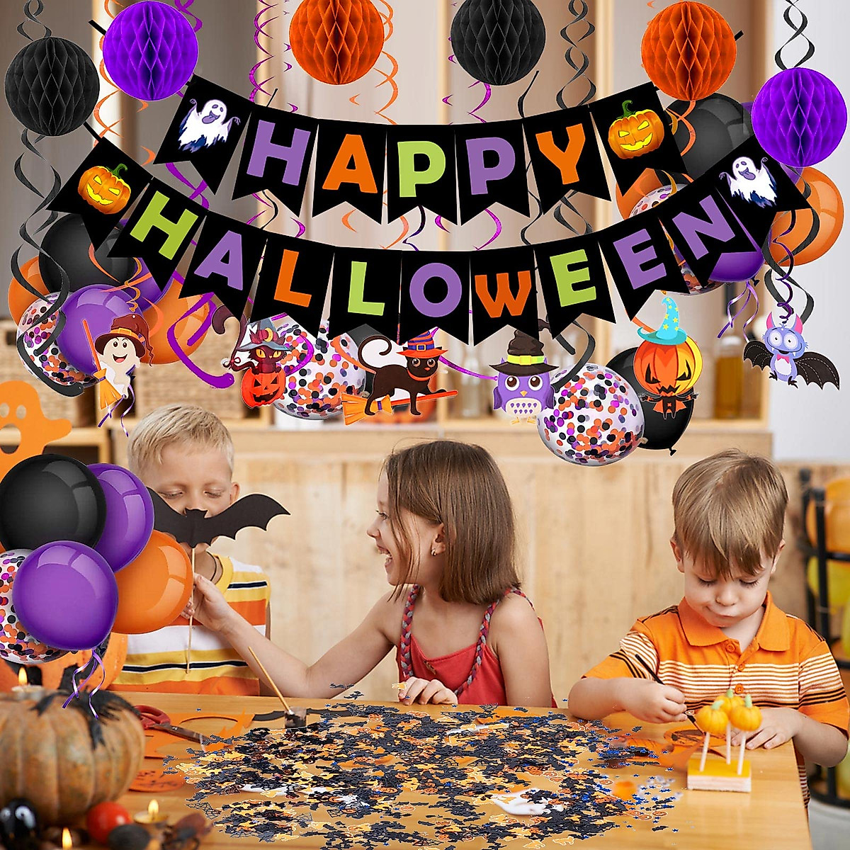Happy Halloween Banner Paper Honeycomb Ball Swirl Streamers Circle Confetti Dots Balloons Pumpkin Ghouls Bat Cat for Halloween Party Decorations Indoor Outdoor Wall Door Decoration