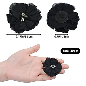 URROMA Chiffon Fabric Flowers for Crafts, 30 Pcs Black Pearl Flower Appliques for Clothes Sew On Fabric Flowers for Headbands DIY Hair Clothes Shoes Accessories