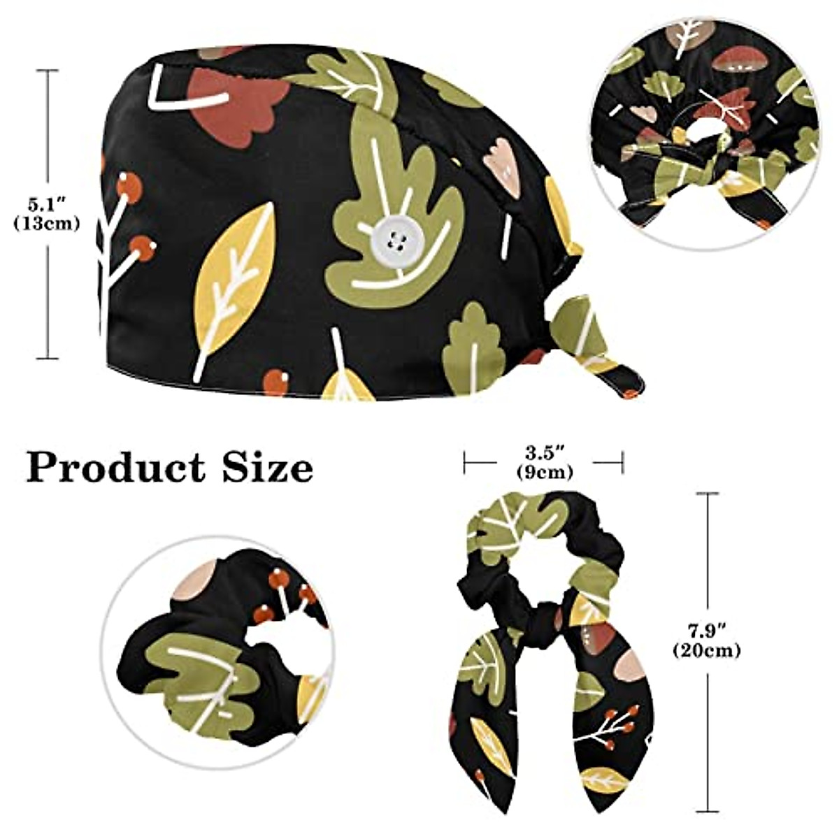 Working Cap with Button & Sweatband, Adjustable Tie Back Hats for Men Women Bouffant Caps, Fall Leaves Acorns