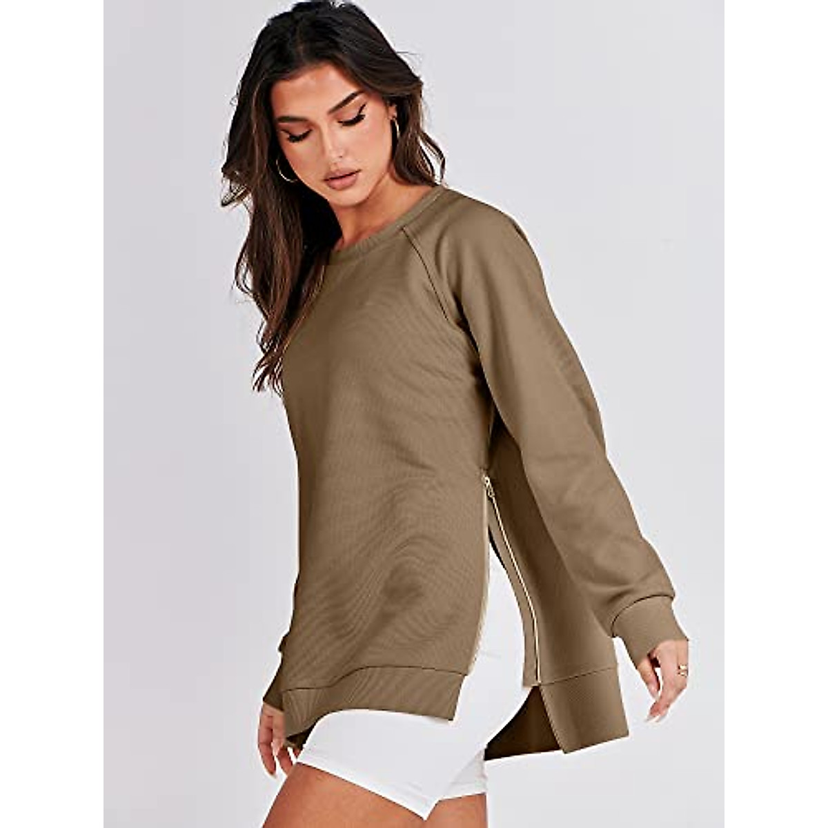 ANRABESS Women's Fall Casual Soft Long Sleeves Sweatshirts Pullover Tunic Tops Split Blouse with Side Zipper Teen Girls Trendy 2023 A1073-kaqi-L Khaki
