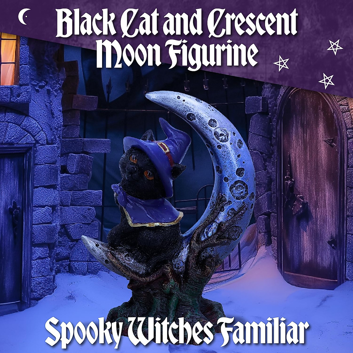 Nemesis Now Sooky Witches Cat Familiar Figurine in Purple Crescent Moon, Hand-Painted Resin Gothic Decor, Gift for Witches, 11.5cm