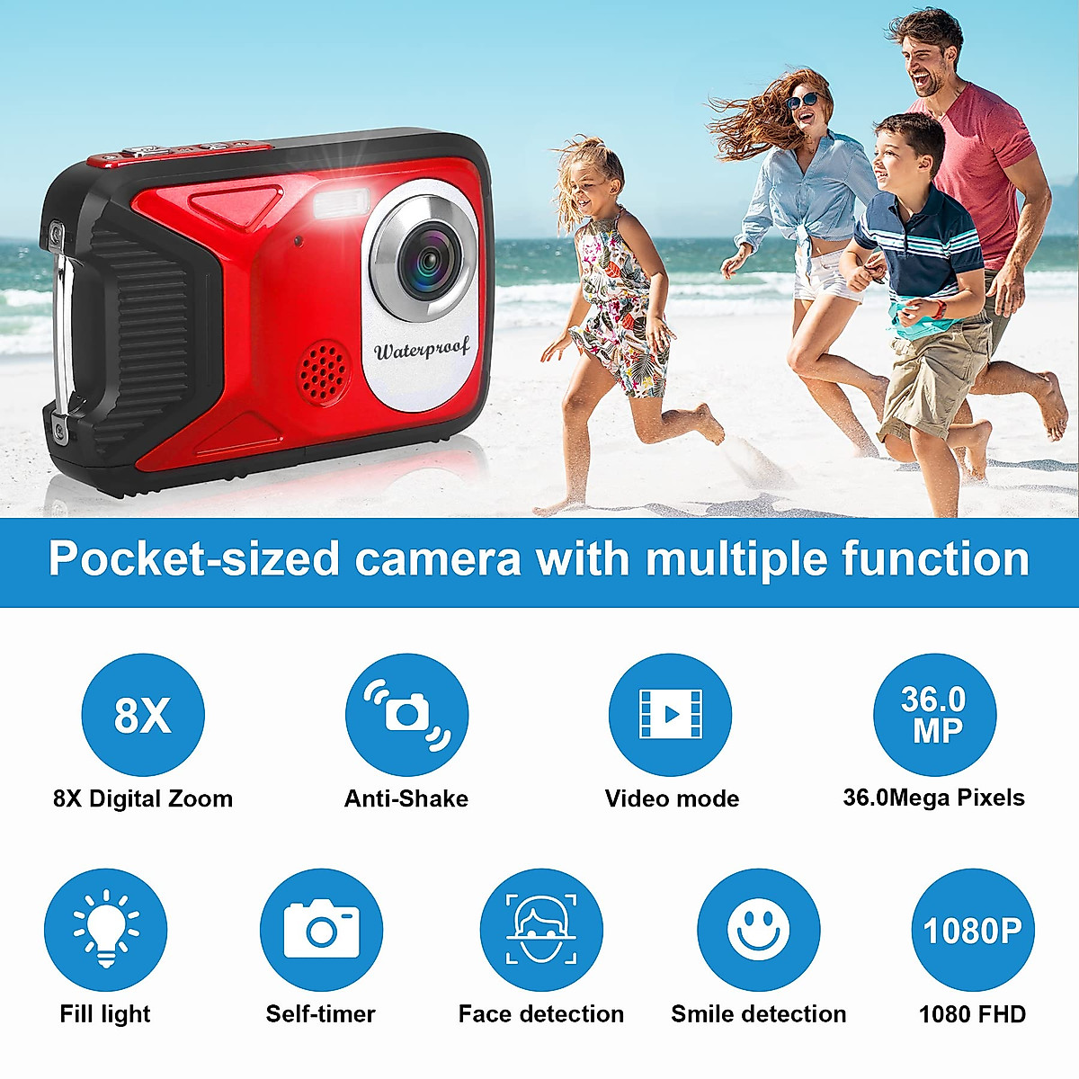 Waterproof 1080P 36MP Compact Camera for Kids with 32GB Card, Point and Shoot Portable Camera for Teens, Students, Boys, Girls, Seniors
