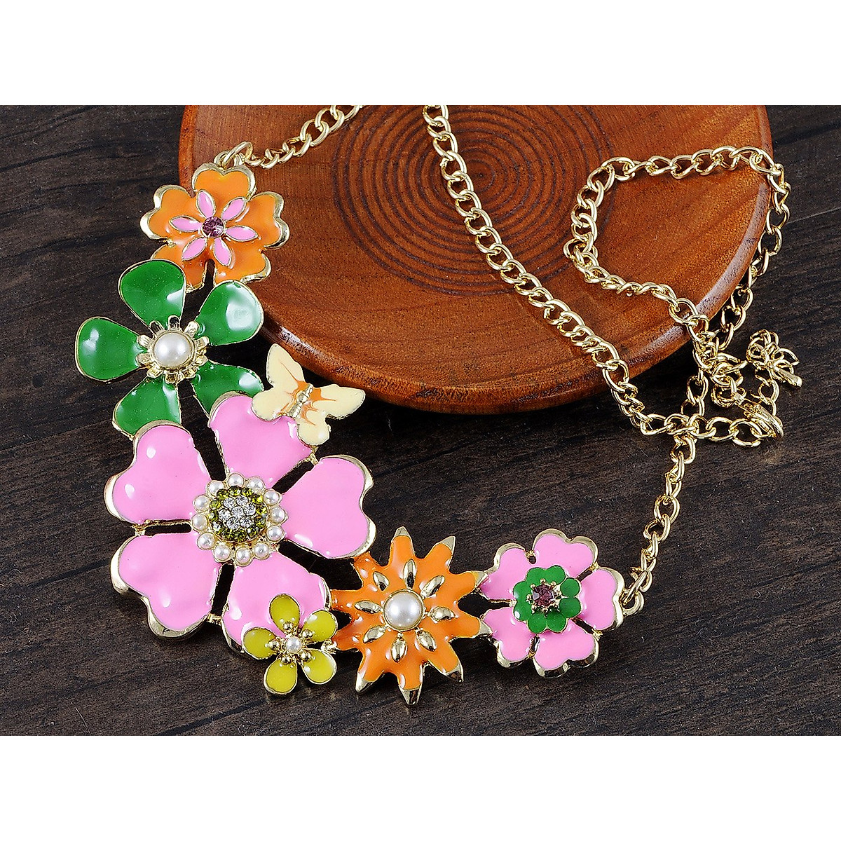 Alilang Womens Golden Tone Faux Pearl Floral Pink Multicolor Enamel Flower Bib Statement Necklace