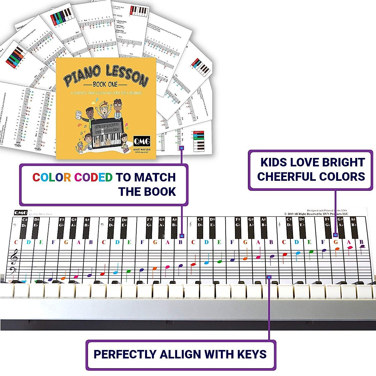 QMG Piano and Keyboard Note Chart and Complete Color Note Piano Music Lesson and Guide Book for Kids and Beginners