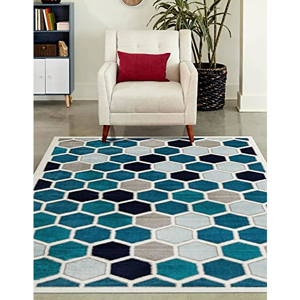 Unique Loom Metro Collection Abstract Multicolored Geometric Hexagon Area Rug, 4 ft x 6 ft, Ivory/Blue