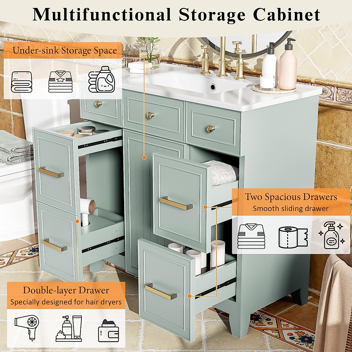 Harper & Bright Designs 36" Bathroom Vanity with Sink, Free Standing Single Basin Vanity Set with Cabinet and 3 Drawers, Modern Wooden Bathroom Cabinet with Ceramic Basin for Bathroom, Green