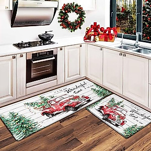 KIMODE Christmas Kitchen Rugs Set of 2,Red Truck Xmas Tree Kitchen Rugs and Mats,Anti Fatigue Non Slip Kitchen Floor Mat,Farmhouse Comfort Standing Mat,Christmas Decorations for Home Kitchen