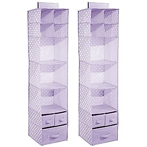 mDesign Soft Fabric Over Closet Rod Hanging Storage Organizer with 7 Shelves and 3 Removable Drawers for Child/Kids Room or Nursery - Polka Dot Pattern - 2 Pack - Light Purple/White Polka Dots