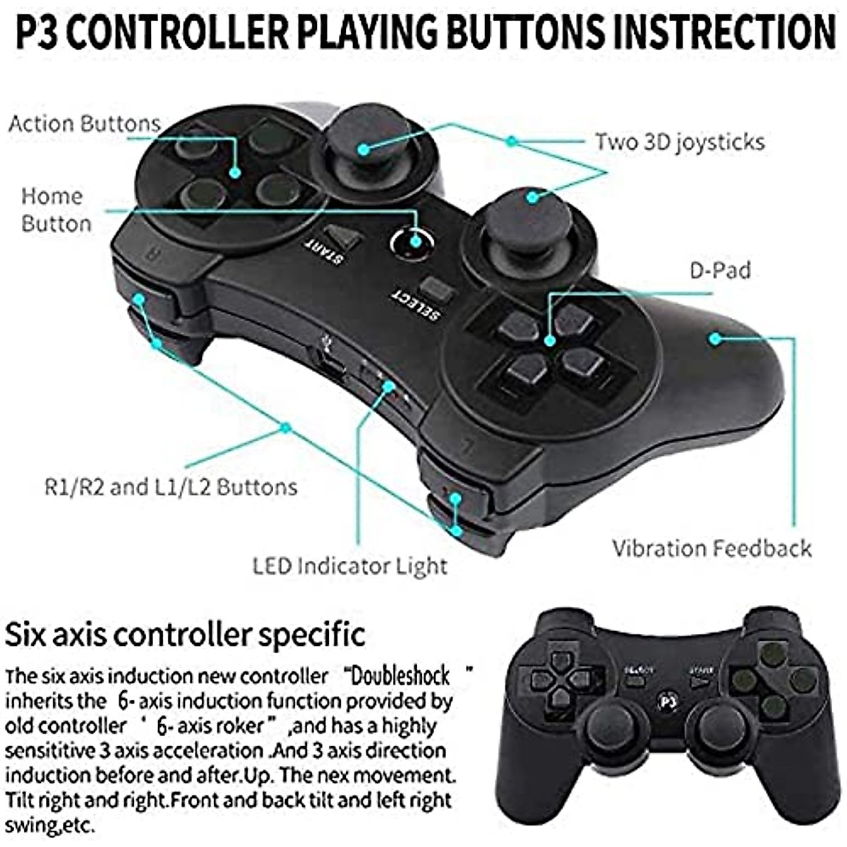 Kolopc Wireless Controller Compatible for PS3 Console, Double Vibration, 6-Axis Gyro Sensor, Upgraded Joystick Motion Gamepad with Charging Cable (Black Skull and Galaxy)