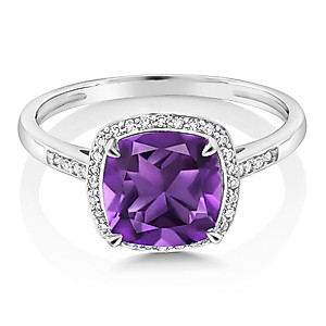 Gem Stone King 10K White Gold Cushion Cut 8MM Gemstone Birthstone and Accent Diamonds Halo Engagement Ring For Women | Wedding Anniversary Promise Ring For Women | Available In Size 5, 6, 7, 8, 9