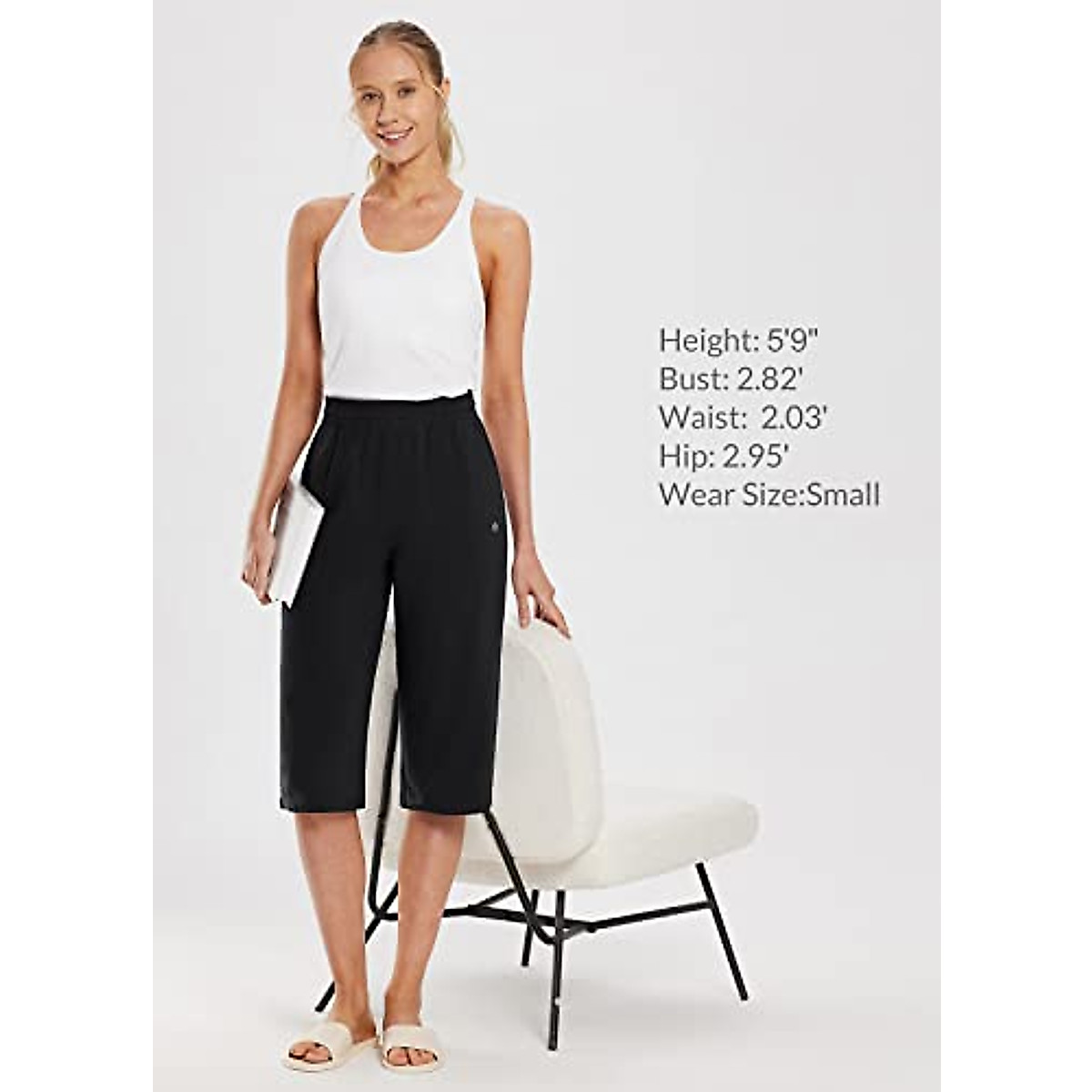 BALEAF Women's 17" Capri Yoga Pants Cotton Loose Soft Drawstring Workout Sweatpants Summer Causal Lounge Pants with Pockets Black L