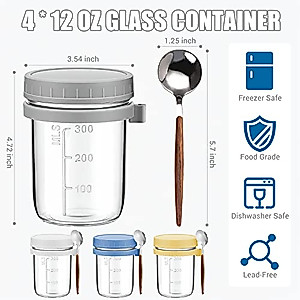 4 Pack Overnight Oats Containers with Lids and Spoons, 12 oz Airtight Mason Overnight Oats Jars, Meal Prep Container Reusable for Cereal, Fruit, Chia Pudding, Salad, Milk with Measurement Mark