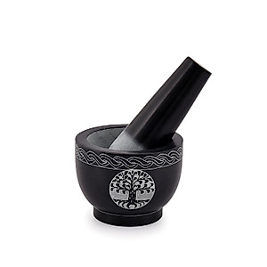 Samhita Tree of Life Natural Stone Mortar & Pestle Mortar Diameter- 3.75"x 2.75" Pestle-5" x 1.5"