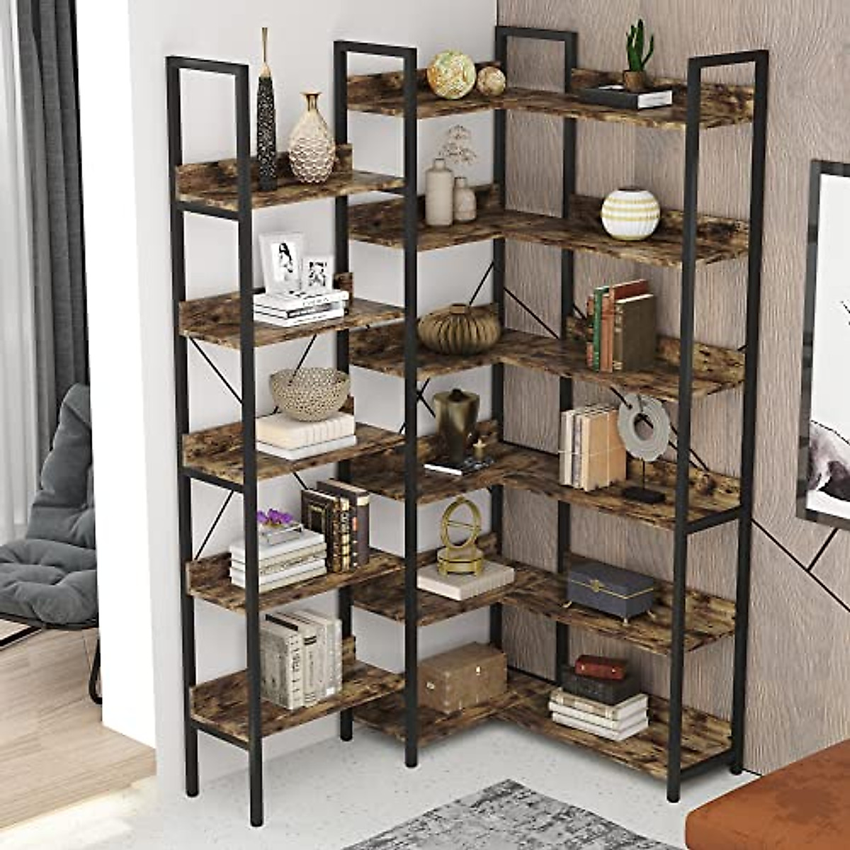 PAKASEPT 6-Shelf Corner Bookshelf, Triple Wide 6-Tier Bookcase, Large Modern Corner Shelf with Metal Frame, Open Bookshelves for Living Room Home Office, Rustic Brown