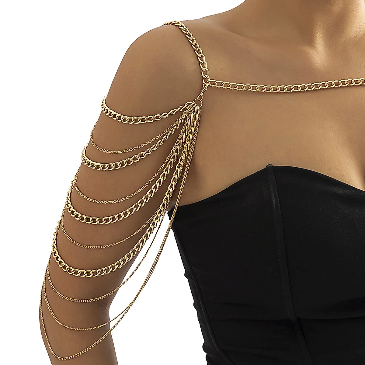 Punk Shoulder Chain Tassel Layered Upper Arm Chain Metal Multi Layer Tassel Shoulder Chain Bikini Fringe Backdrop Necklace for Women (Gold)