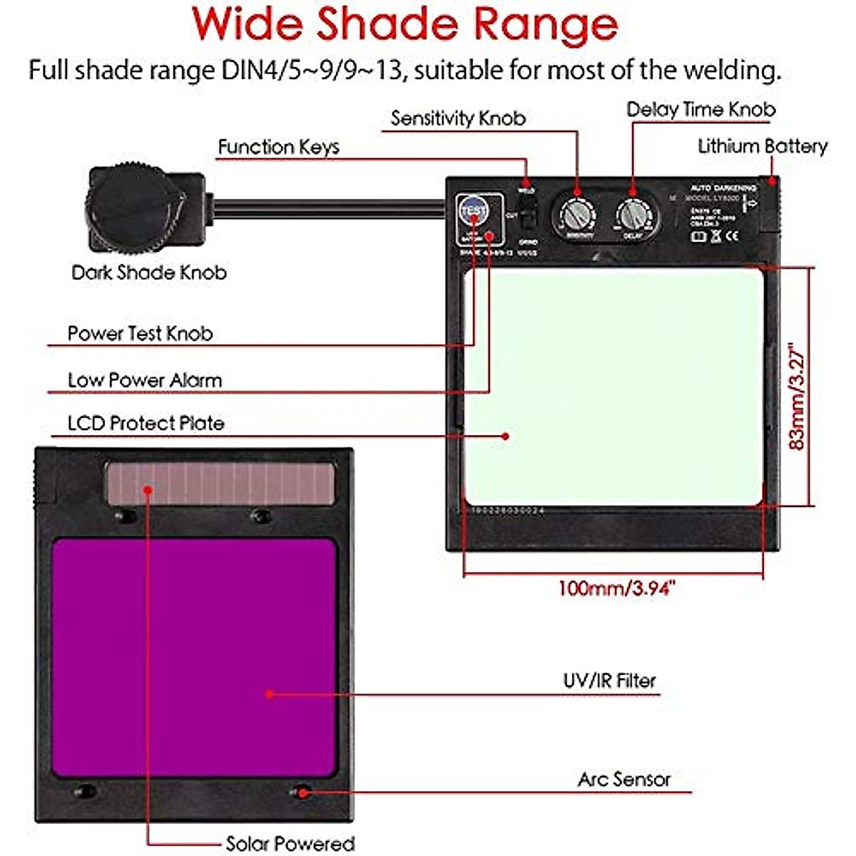 TEKWARE Large Viewing True Color Solar Powered Auto Darkening Welding Helmet, Hemispherical 4C lense, 4 Arc Sensor Wide Shade Range 4/5-9/9-13 Luminous Welder Mask for Mig Tig Arc Grinding Plasma