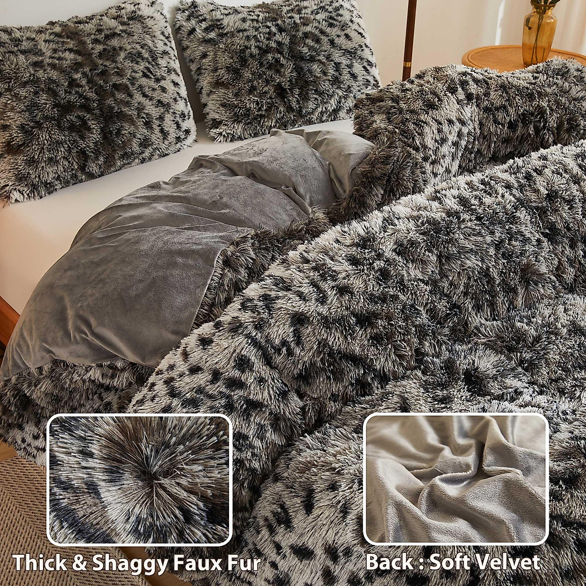 LIFEREVO Cheetah Print Faux Fur Duvet Cover Fluffy Bedding Set, 3 Pieces Soft Plush Fuzzy Comforter Cover Set(1 Shaggy Comforter Cover+2 Furry Pillowcases), Zipper Closure(Queen, Leopard Print Grey)