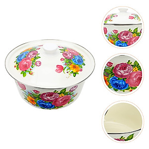 Angoily Enamel Mixing Bowl with Lid Flower Large Salad Bowl Enamelware Washing Basin Chinese Style Soup Bowls Vintage Serving Bowl for Ramen Asian Dishes Cereal Rice Noodle
