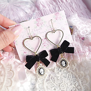 Dainty Rococo Black Velvet Bow Cameo Lady head pendant Gold Heart Earrings (Dangle/Clip On), Cute Kawaii Victorian Style Jewelry (Clip On Earrings)