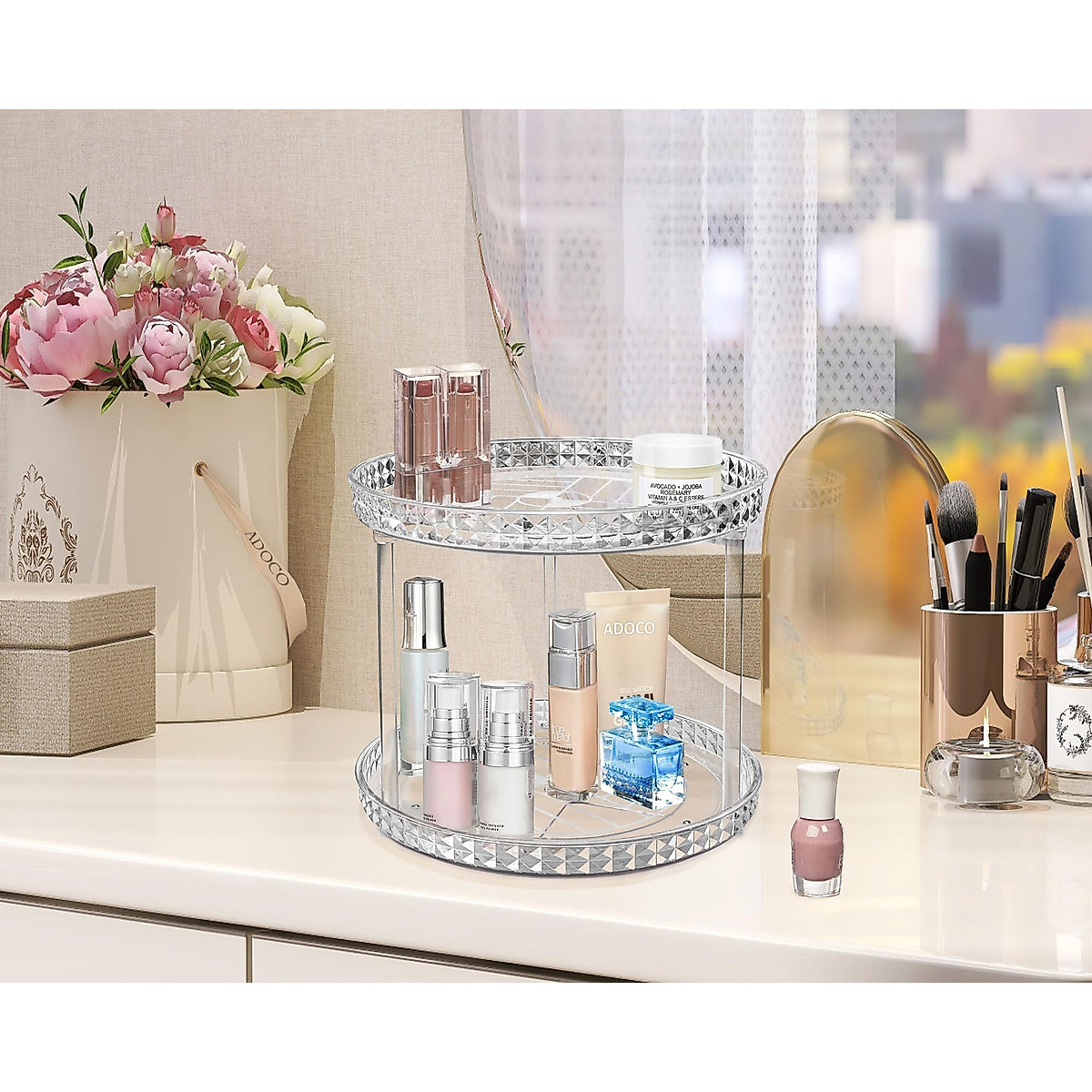 2 Tier Diamond Lazy Susan Bathroom Organizer Countertop, Clear 360 Rotating Cosmetic Makeup Organizer for Vanity, Skincare Organizers Perfume Organizer for Counter - Organization and Storage -9.25INCH