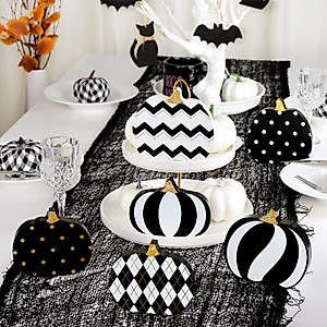 Treory Fall Thanksgiving Table Decorations: 6ct Black White Pumpkin Thanksgiving Tiered Tray Decor, Autumn Pumpkins with Stripe and Gold Dots, Kitchen Desk Tabletop Wooden Sign for Home School Office