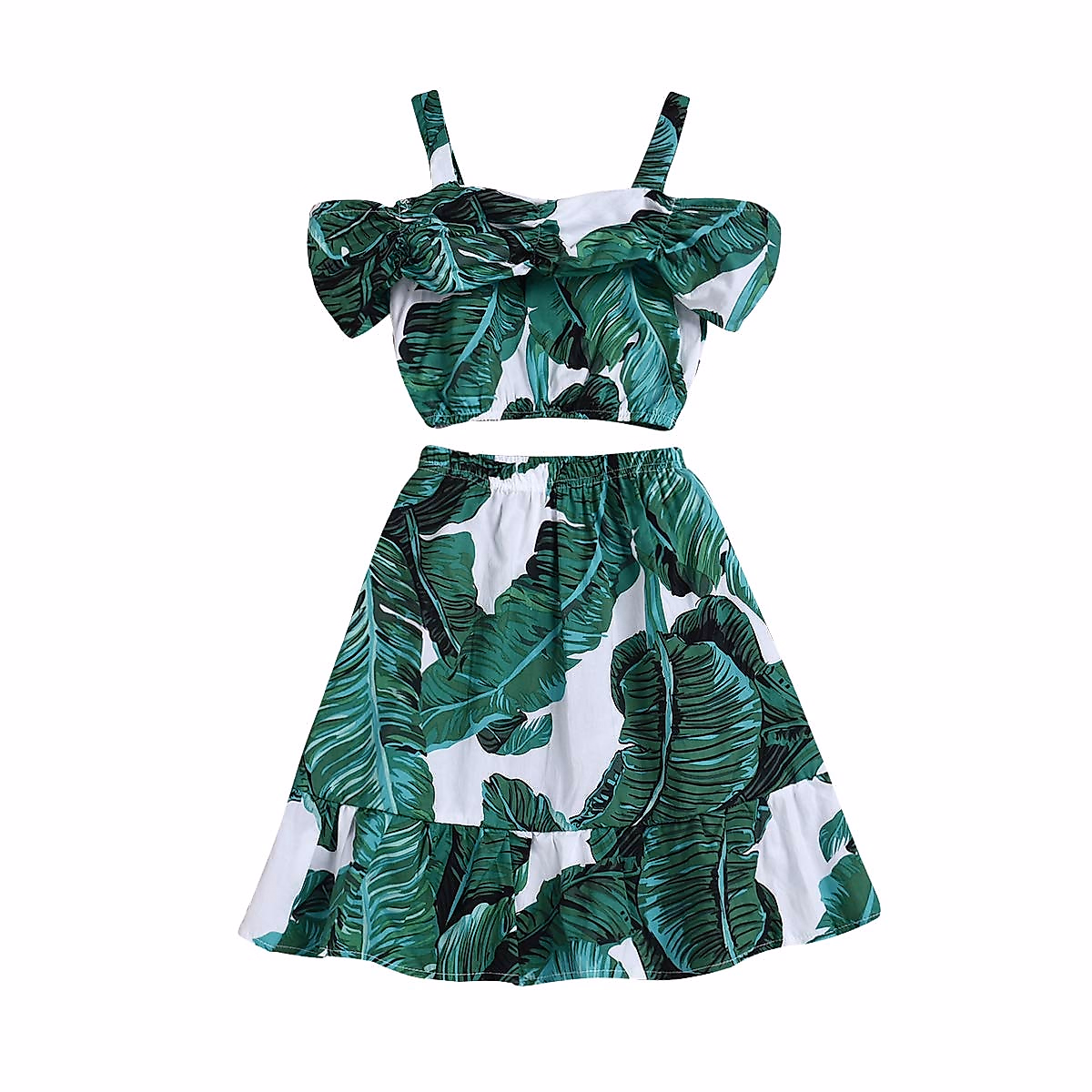 BOEBNOZCV Toddler Baby Girl Strap Banana Leaf Print Strappy Cold Shoulder Cropped Top + Long Skirts Outfits Clothes Set (Banana Leaf, 7T)