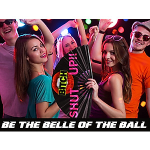 TAYUQEE Folding Hand Fan for Women - UV Glow Rave Hand Fan Large Bamboo Hand Held Chinese Fan with Velvet Bag for Rave Party, Music Festival, EDM, Drag Queen, Burlesque, Decoration, etc.