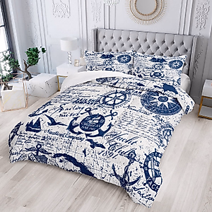 AILONEN Anchor Comforter Set for Teens Boys Kids, Nautical Theme Bedding Set Queen Size,Superior Quilted Duvet Ultra Soft,3 Piece 1 Comforter and 2 Pillowcases,Microfiber Fabric