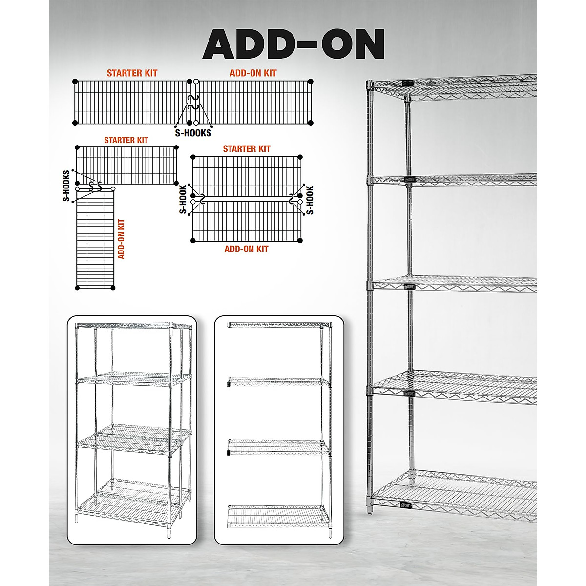 Quantum Storage Systems WR54-1448C Starter Kit for 54" High 4-Tier Wire Shelving Unit, Chrome Finish, 14" Width x 48" Length x 54" Height