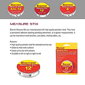 Starrett Tape Measure Stix with Adhesive Backing - Mount to Work Bench, Saw Table, Drafting Table - 1/2" x 12', English Metric, Right-Left Reading - SM412WRL
