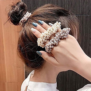 Unicra Pearl Hair Ties Beaded Fashion Elastic Hair Scrunchies Set Fancy Pearls Decorative Ponytail Holder Hair Accessories for Women and Girls 3PCS (Pearl)