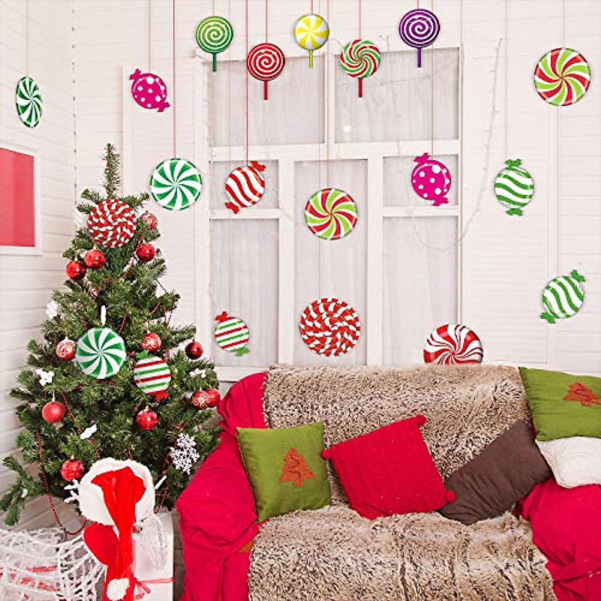 30 Pieces Christmas Candy Cutouts Peppermint Stickers Colorful Candies Round Lollipop Cutouts Candy Land Theme Xmas Candy Party Decor for Bulletin Board Decorations
