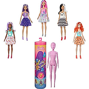Barbie Color Reveal Doll with 7 Surprises: Water Reveals Doll’s Look & Creates Color Change on Face & Sculpted Hair; 4 Mystery Bags Contain Surprise Wig, Skirt, Shoes & Sponge; Animal-Themed