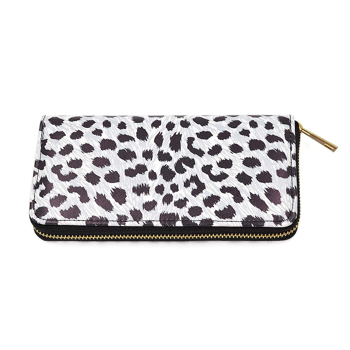 Premium Vegan Leather Animal Print Continental Zip Around Wallet, Grey Leopard