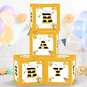FVABO Bee Baby Shower Balloon Boxes Decorations - 4Pcs What Will It Bee Gender Reveal Decorations Balloon Box, Honey Bumble Bee Theme Party Balloon Boxes Backdrop Block Party Supplies