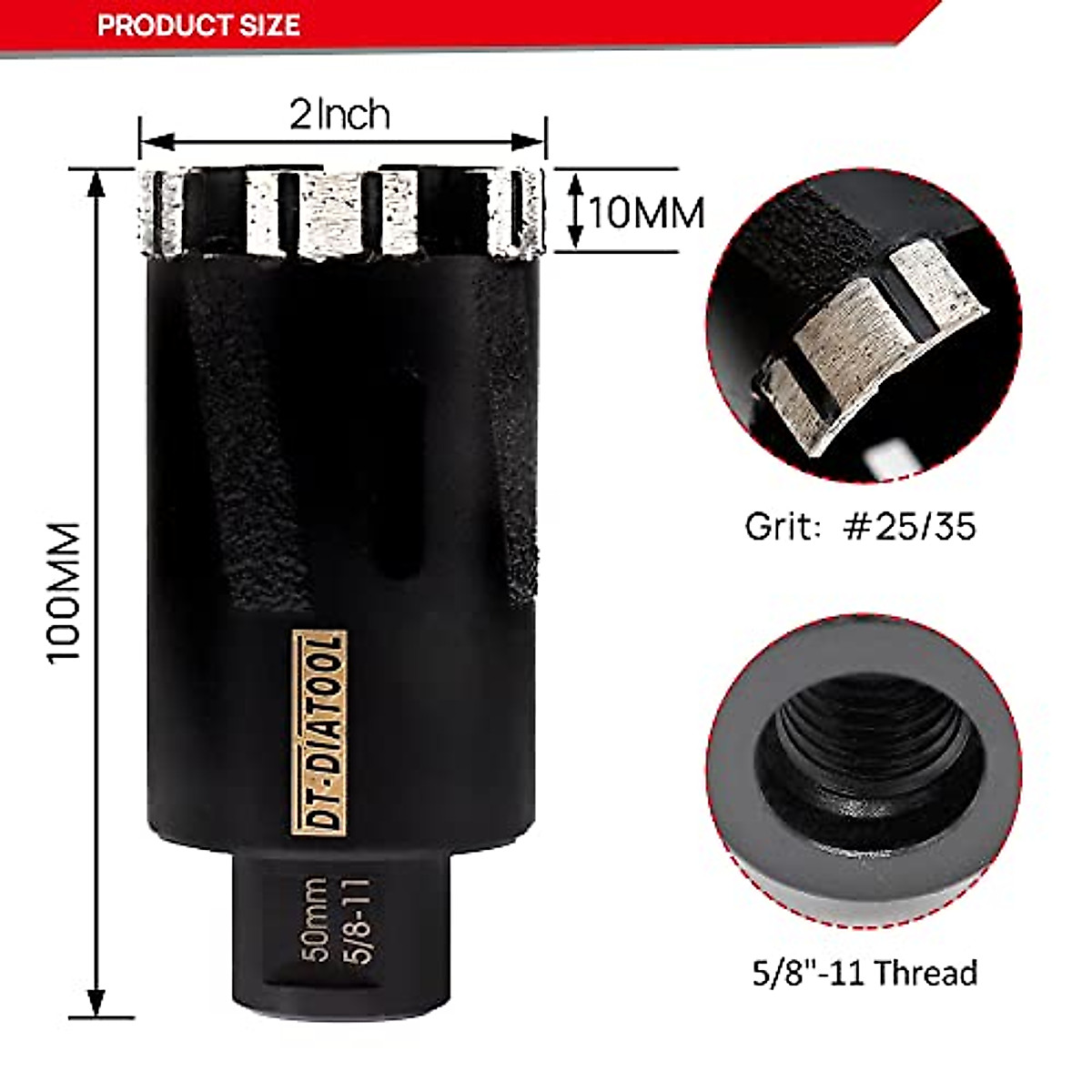 DT-DIATOOL Diamond Core Drill Bit 2" - Welded Hole Saw 50mm with 5/8-11 Arbor for Granite Marble Concrete Hard Stone