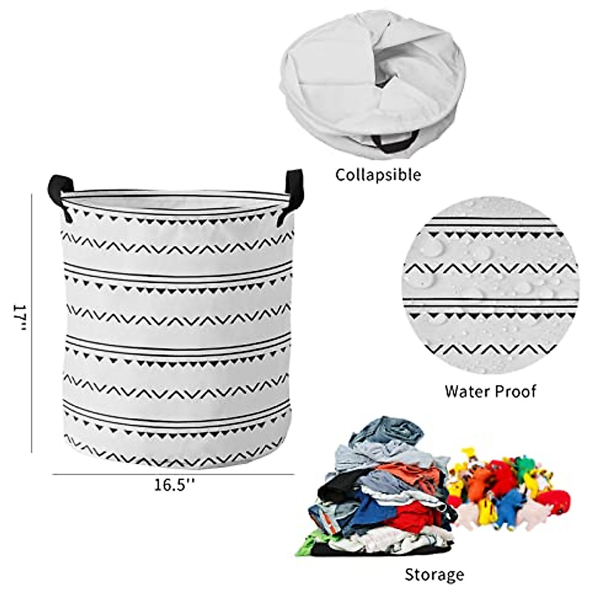 Laundry Basket,Bohemian Black Stripe Triangle Geometry White Back Waterproof Clothes Hampers with Handle,Ethnic Chic Geometric Large Collapsible Storage Bag for Bedroom Bathroom 16.5x17In