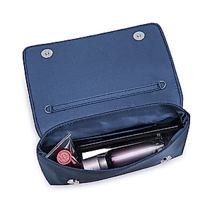 CHARMING TAILOR Evening Bag for Women Pleated Flap Satin Formal Purse Diamantes Brooch Embellished Clutch (Navy)