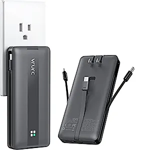VRURC Portable Charger with Built-in Cables & AC Wall Plug, 22.5W Fast Charging 10000mAh Battery Pack(QC4.0 & PD3.0), USB C Power Bank with 4 Output 2 Input, Compatible with iPhone Samsung Android etc