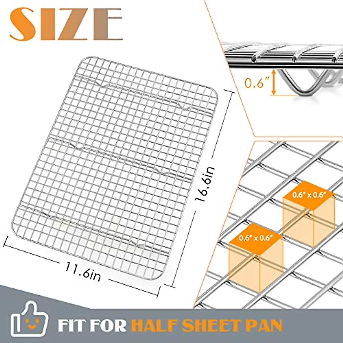 Cooling Rack Set of 2, E-far 1/2 Sheet Baking Racks for Oven Cooking Roasting Grilling, Stainless Steel 16.6” x 11.6” Wire Rack for Cookie Cake Bacon Meat Resting, Non-toxic Metal & Dishwasher Safe
