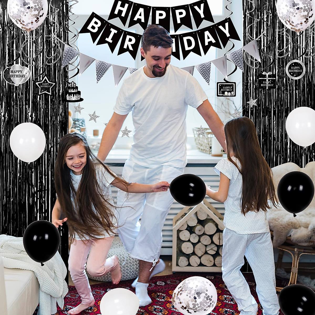 Birthday Decorations Black and White for Men Women, 74Pcs Happy Birthday Balloons Set for Boys Girls with Bday Tablecloth Fringe Curtains Swirls for 16th 18th 21st 30th 35th 40th 45th 50th 60th 70th