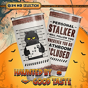 34HD Funny Black Cat Tumbler with Lid, 20 oz Stainless Steel Vacuum Insulated Personal Stalker Coffee Mug, Horror Cup, Cat Lover Gifts for Women Men Birthday Halloween Christmas