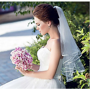 Echodo Bridal Wedding Veil White Double Ribbon Edge Center Cascade Bridal Veil with Comb Wedding Accessories