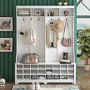 Acosure Modern Style Multiple Functions Hallway Coat Rack with 6 Metal Hooks,Entryway Bench Wide Hall Tree W/Ample Storage Space & 24 Shoe Cubbies,for Apartment Living Room,White,60"