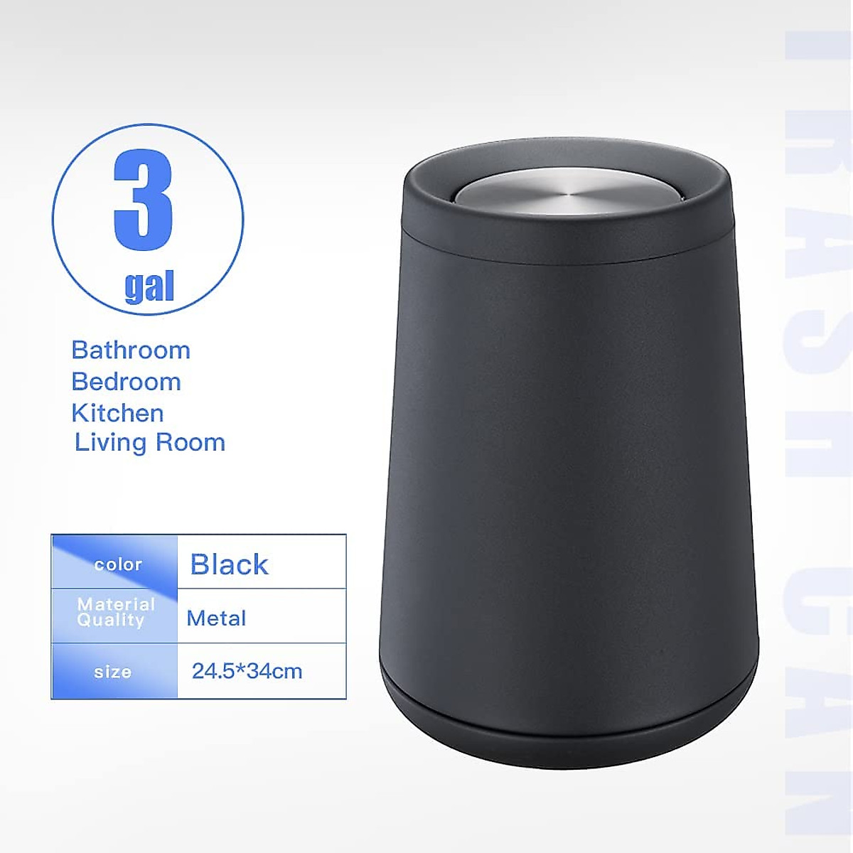 BRIEFHUMAN Household Swing Black Bathroom Trash Can，Brushed Stainless Steel，10 L/3 Gallen，Garbage Can with Flipping Lid， for Indoor or Commercial Use, Kitchen,Modern，Living Room,Bedroom