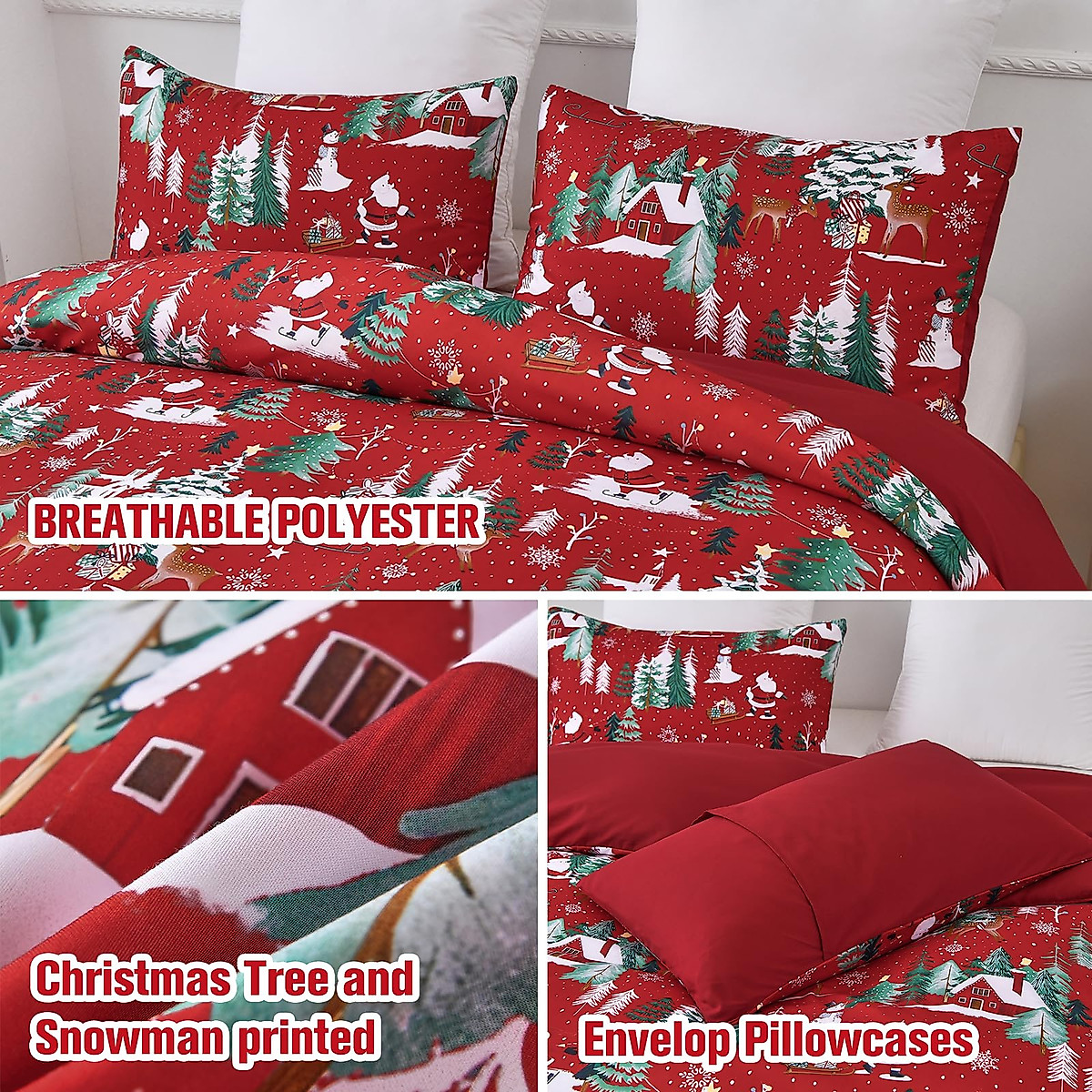 Dinjoy Christmas Red Duvet Cover Set King Size, 3 Piece Father Christmas Xmas Trees Snowman, Soft Microfiber King Duvet Cover Set for All Seasons